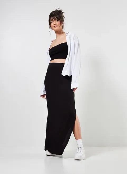 saia longa lisa com fenda - preto